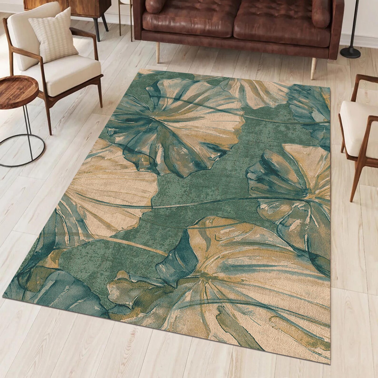Leaf Pattern Rug, Boho Rug, Leaf Rug, Green Rug,area Rug, Living Room ...