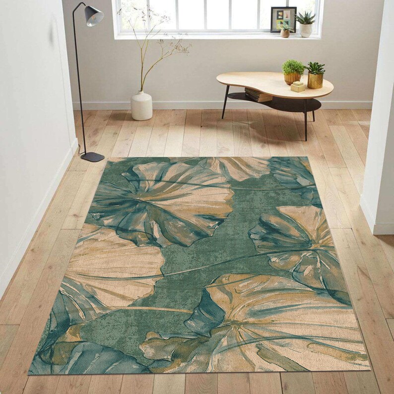 Leaf Pattern Rug, Boho Rug, Leaf Rug, Green Rug,area Rug, Living Room ...