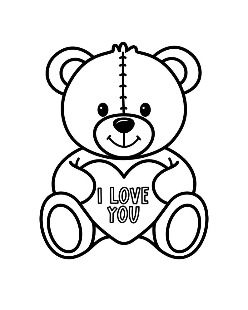Valentine Teddy Bear Coloring Page | Kids Activity Printable (instant ...