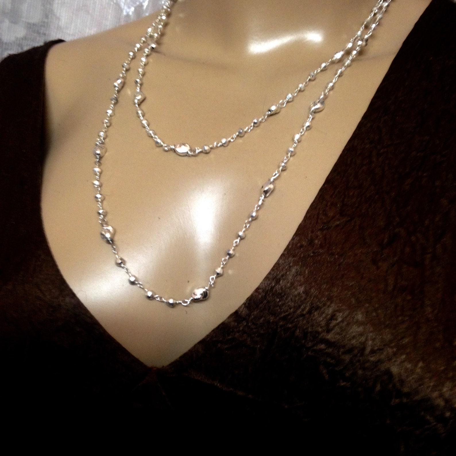 Silver nugget necklace long necklace Silver plated Pyrite | Etsy