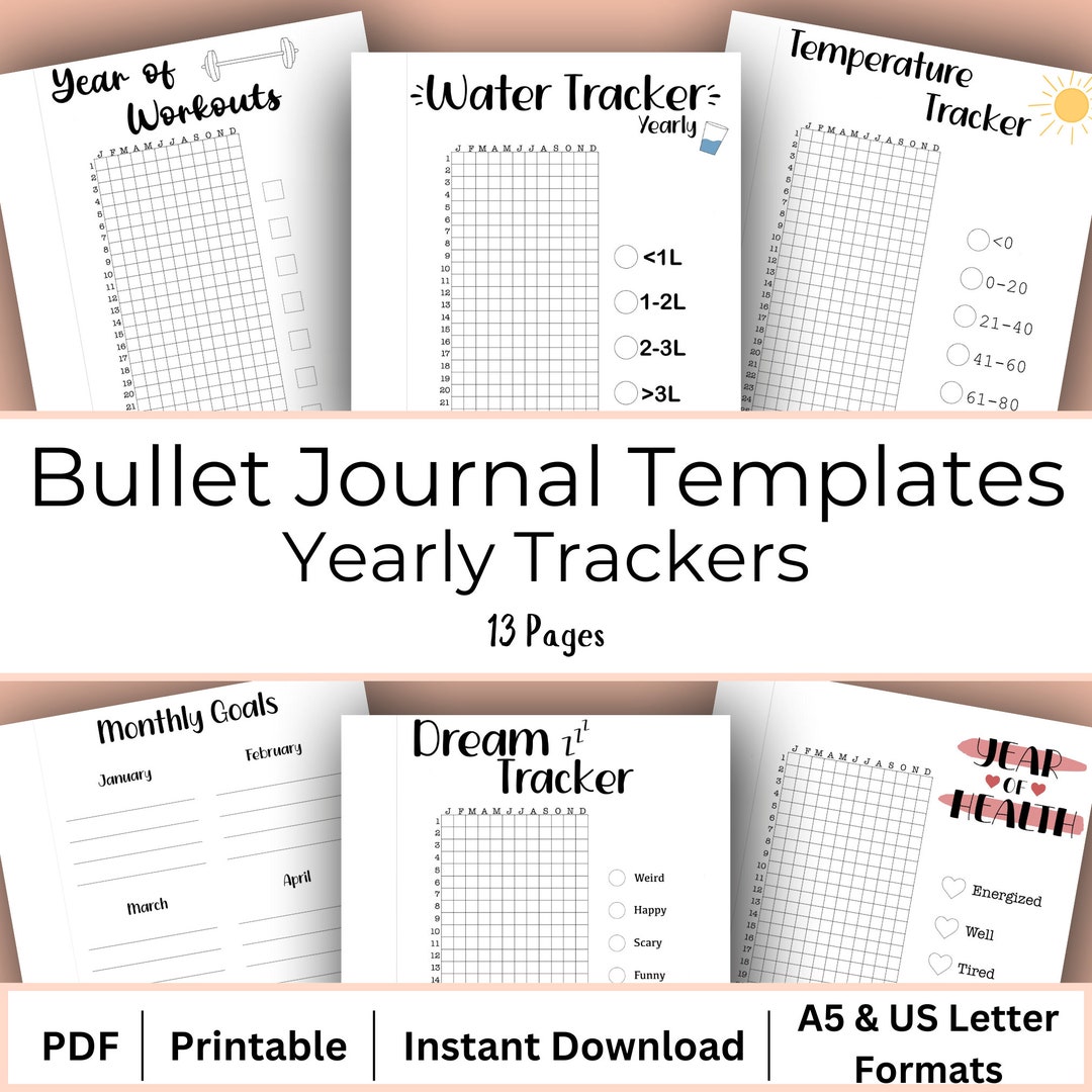 Pre-made Yearly Tracker Bullet Journal Templates, Colorful, Black and ...