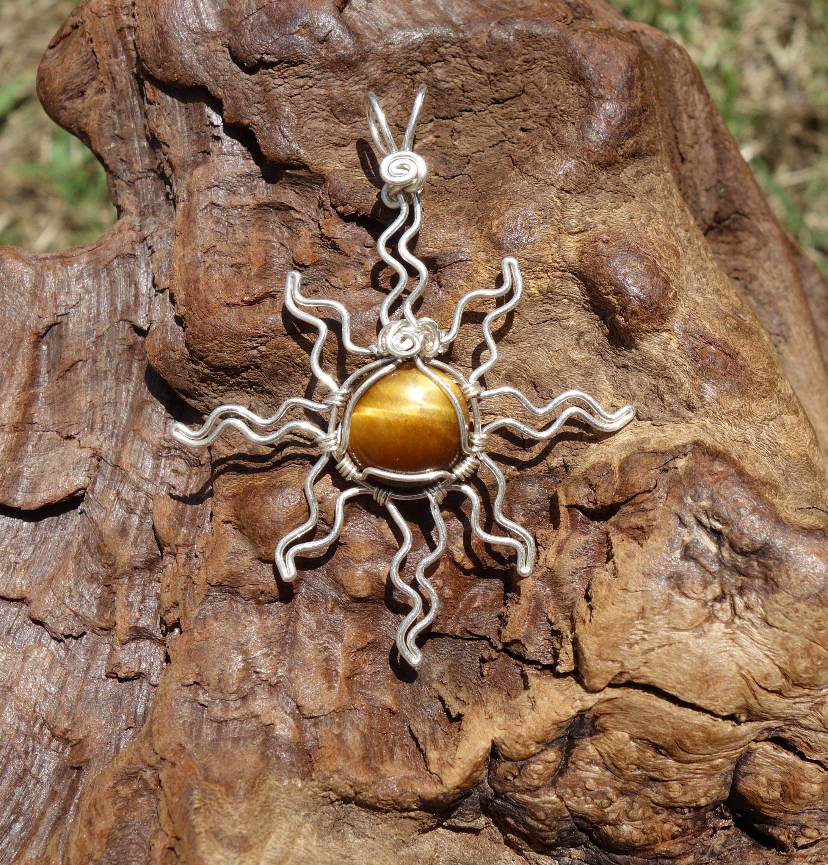 Tiger Eye Sun Pendant Sterling Silver Wire Wrapped Sun | Etsy