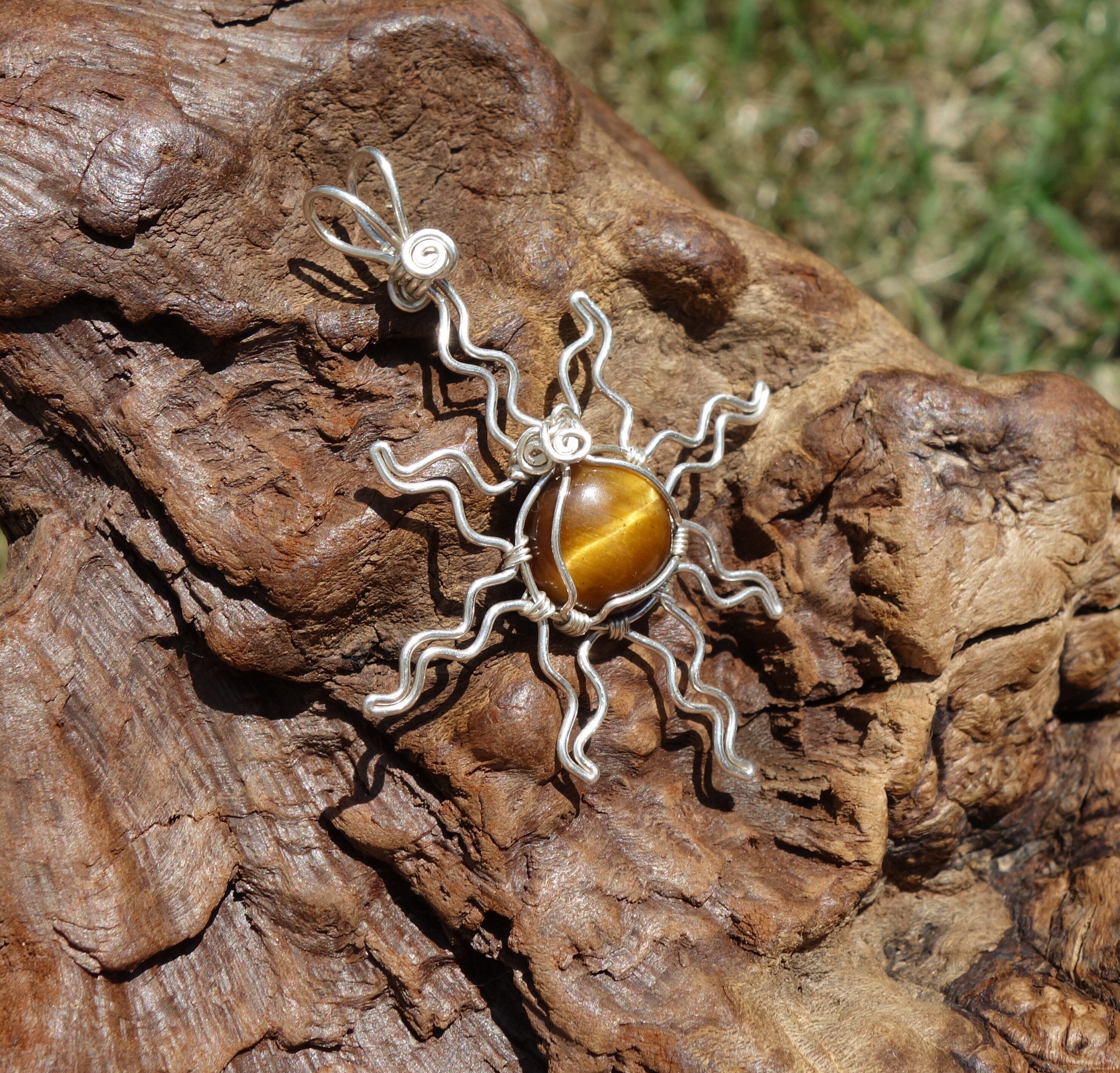 Tiger Eye Sun Pendant Sterling Silver Wire Wrapped Sun | Etsy