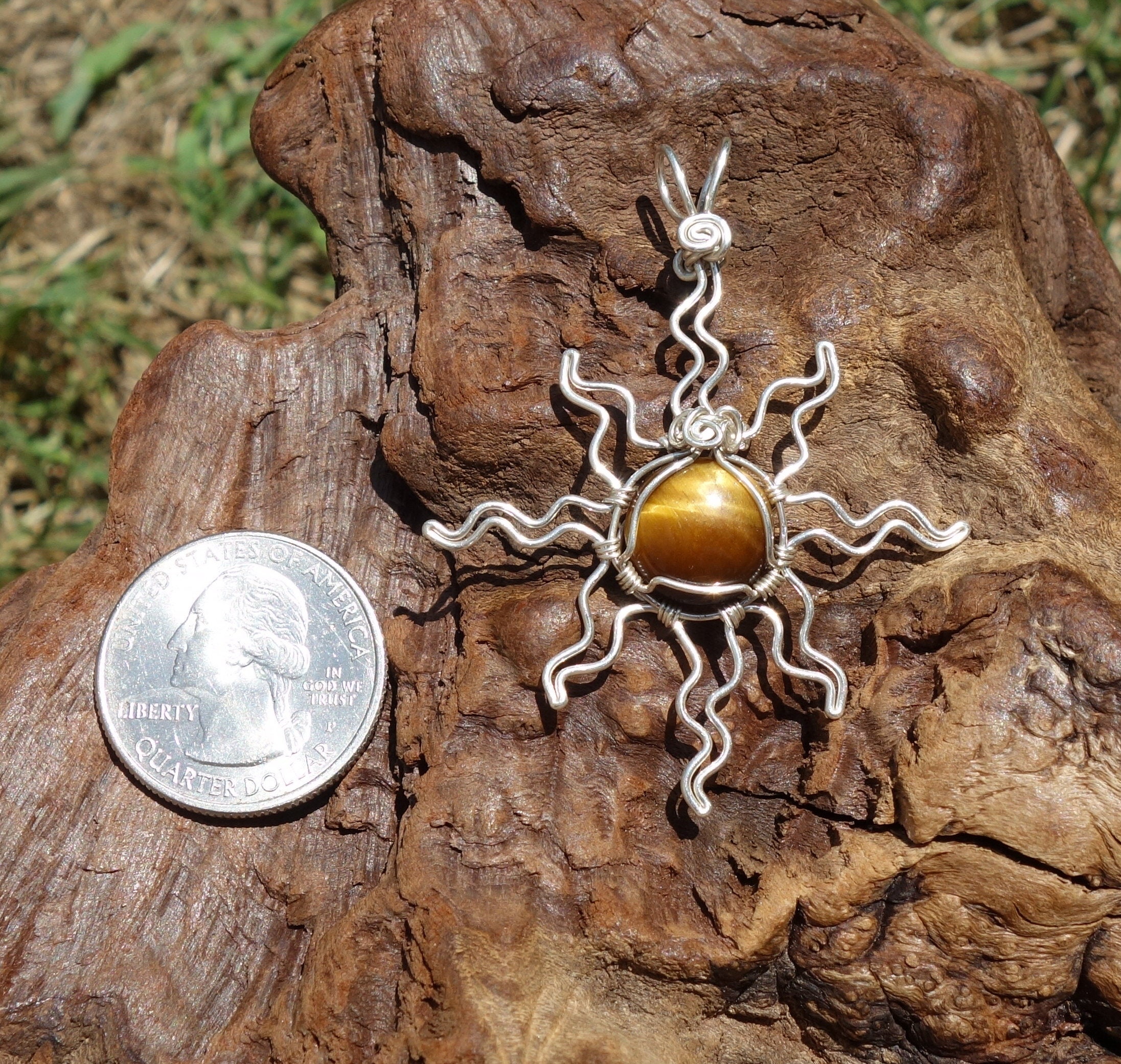 Tiger Eye Sun Pendant Sterling Silver Wire Wrapped Sun | Etsy