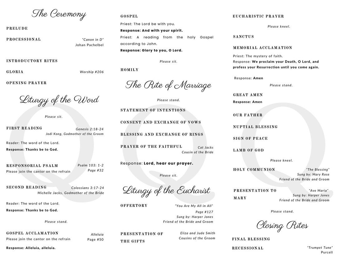 Catholic Wedding Mass Program Template: Customizable Trifold 8.5”x11 ...
