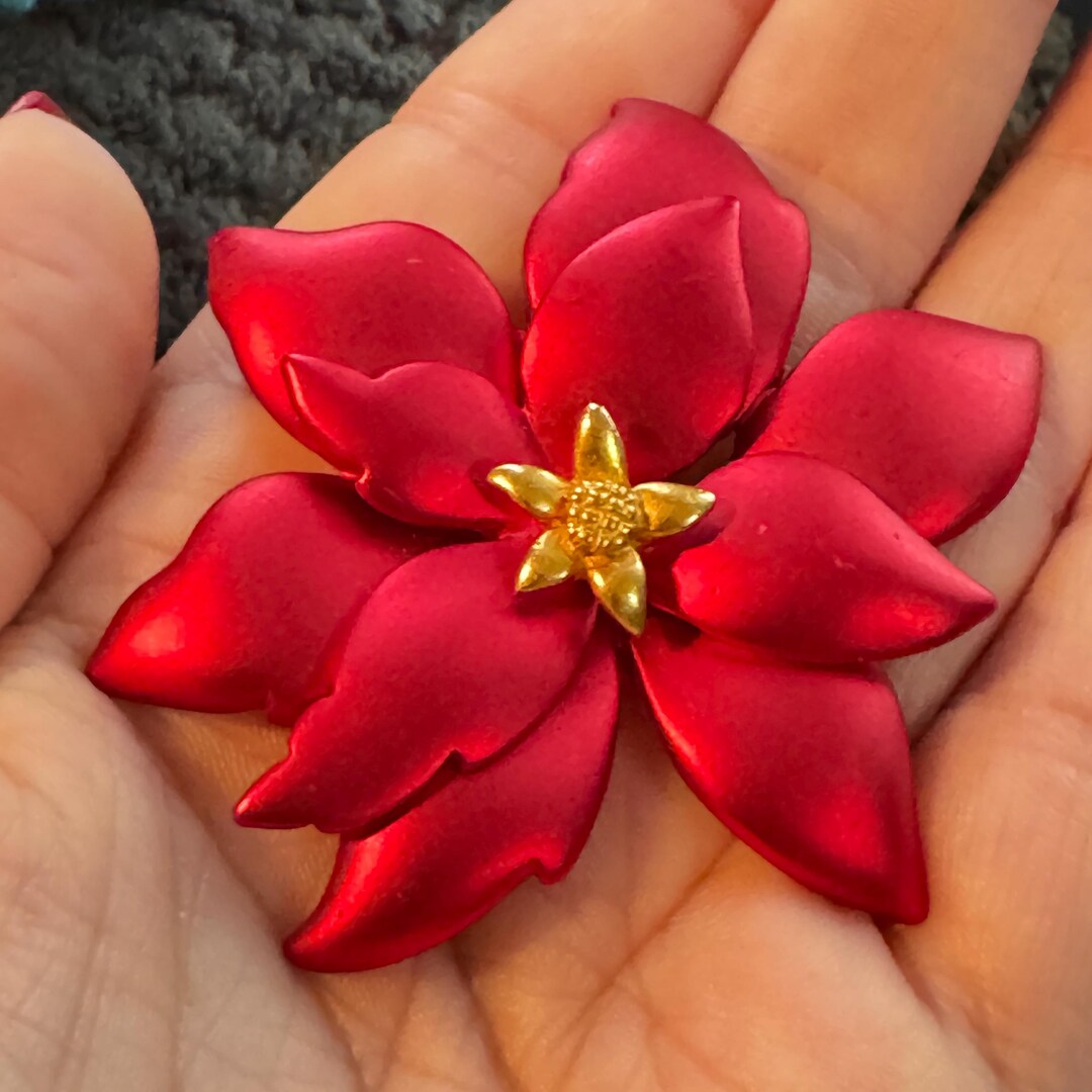 Signed TONA Red Enamel Poinsettia Brooch • 2.5” Vintage Holiday Pin - Etsy