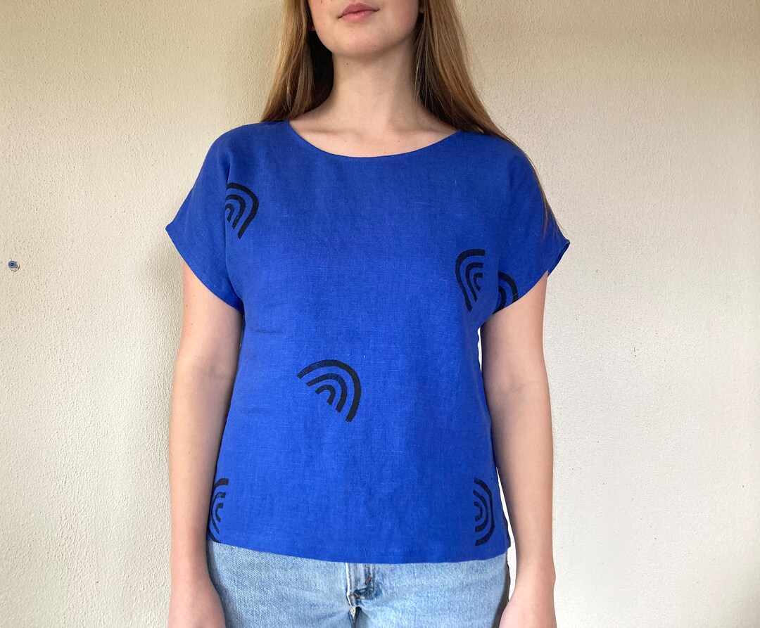 Rainbow Block Printed Linen Tee Ultramarine - Etsy