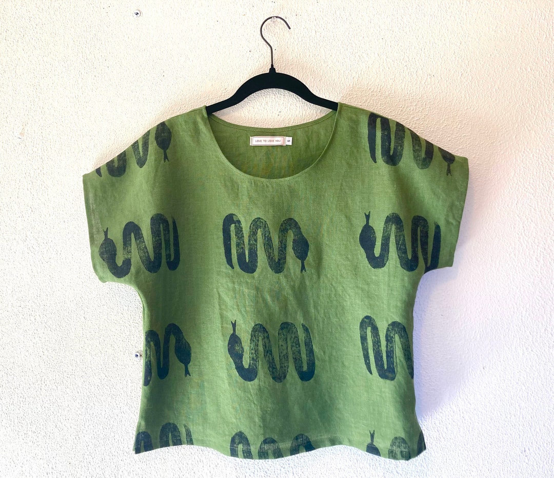 Snake Print Linen Tee- Green - Etsy