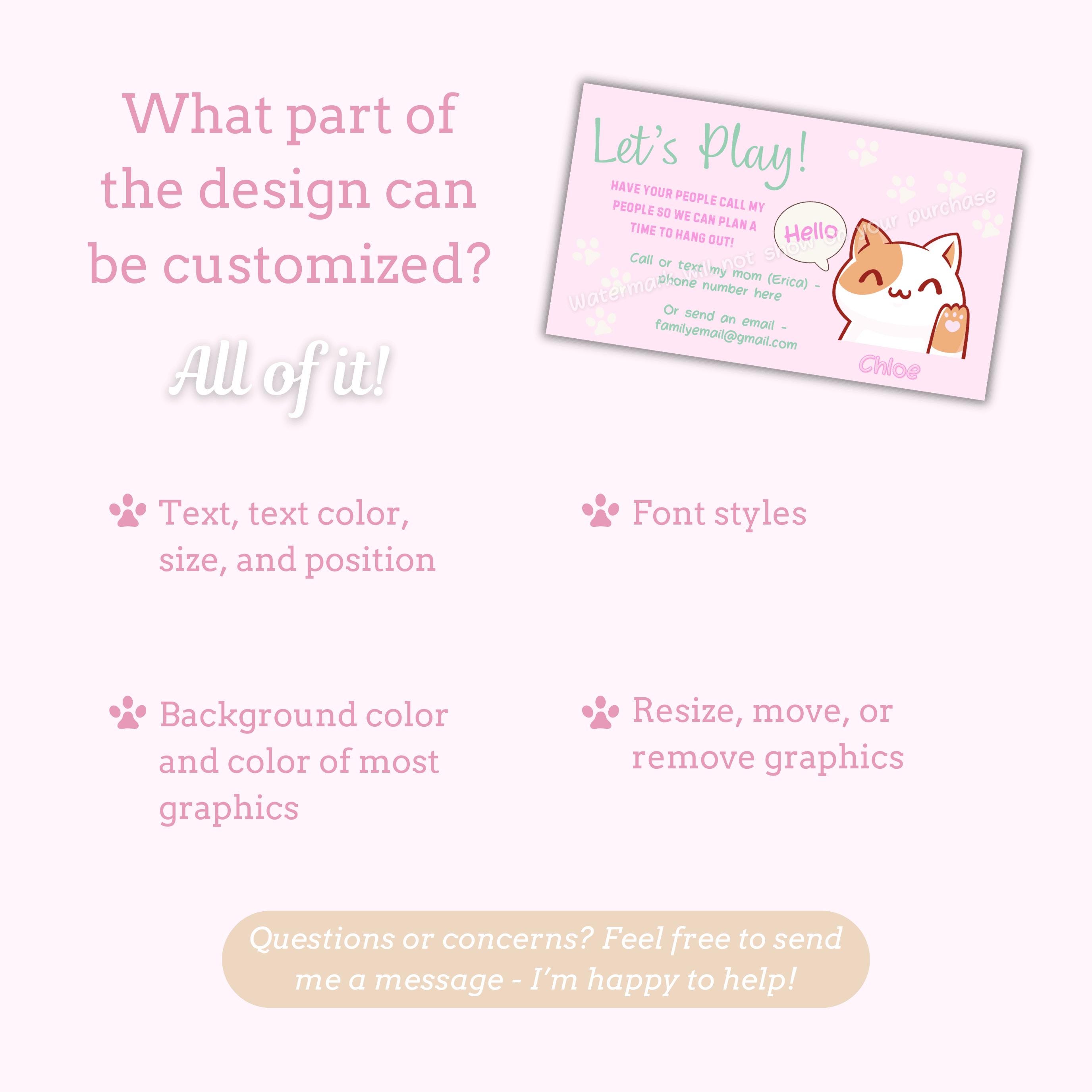 Editable Kids Playdate Calling Cards | Kawaii Cat Design (digital ...