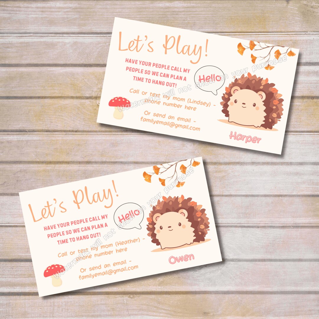 Editable Printable Contact Cards Playdate Boys & Girls Calling Cards ...
