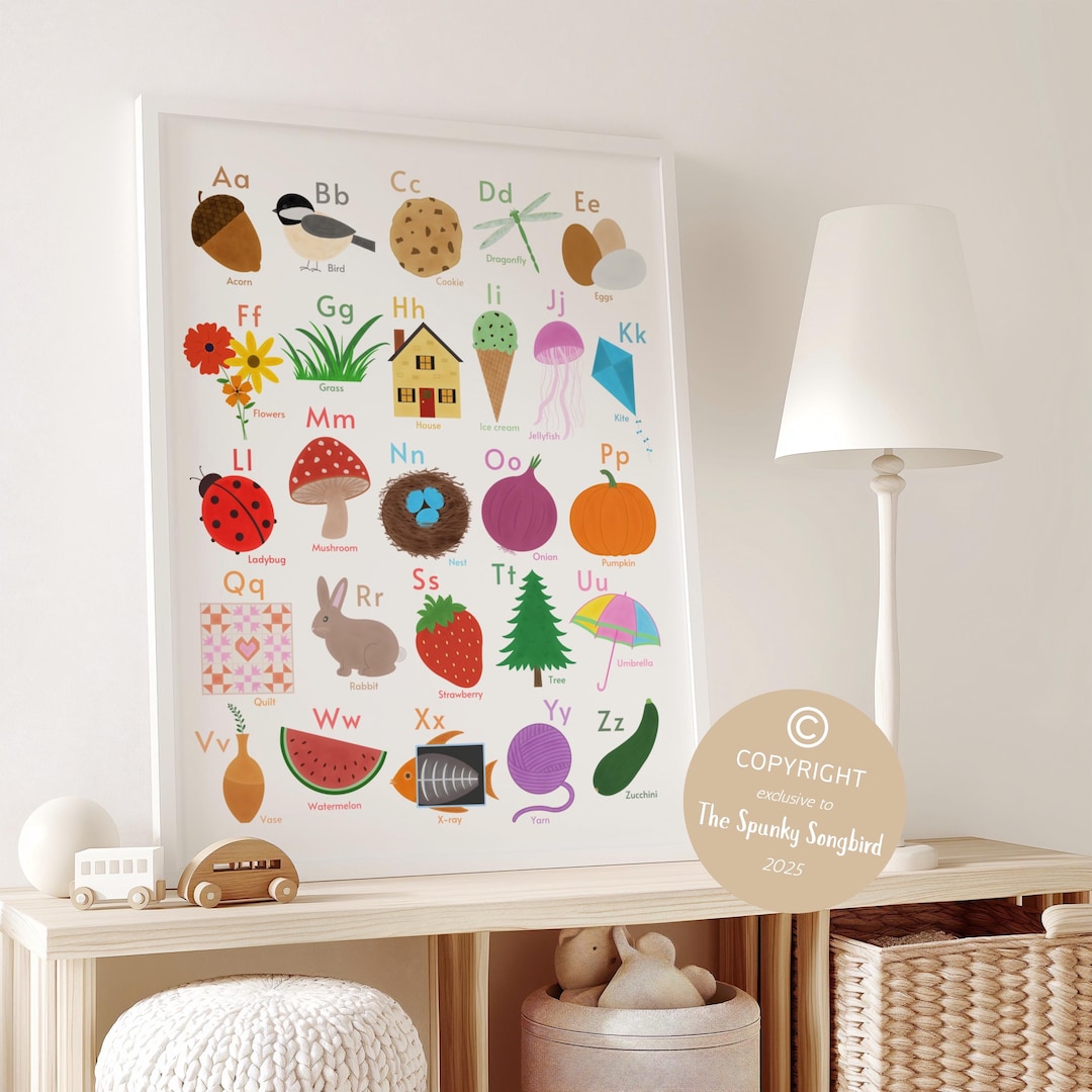 Educational Hand Drawn Alphabet Poster, Colorful Nature Montessori Wall ...
