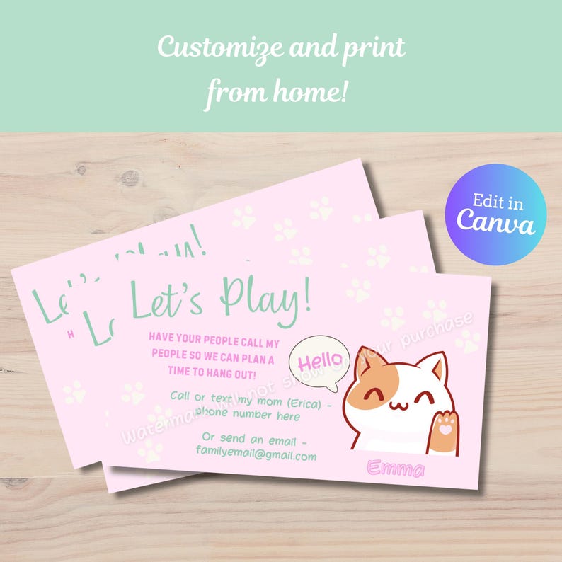 Editable Kids Playdate Calling Cards | Kawaii Cat Design (digital ...