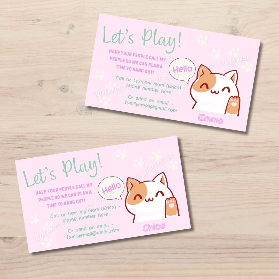 Editable Kids Playdate Calling Cards | Kawaii Cat Design (digital ...
