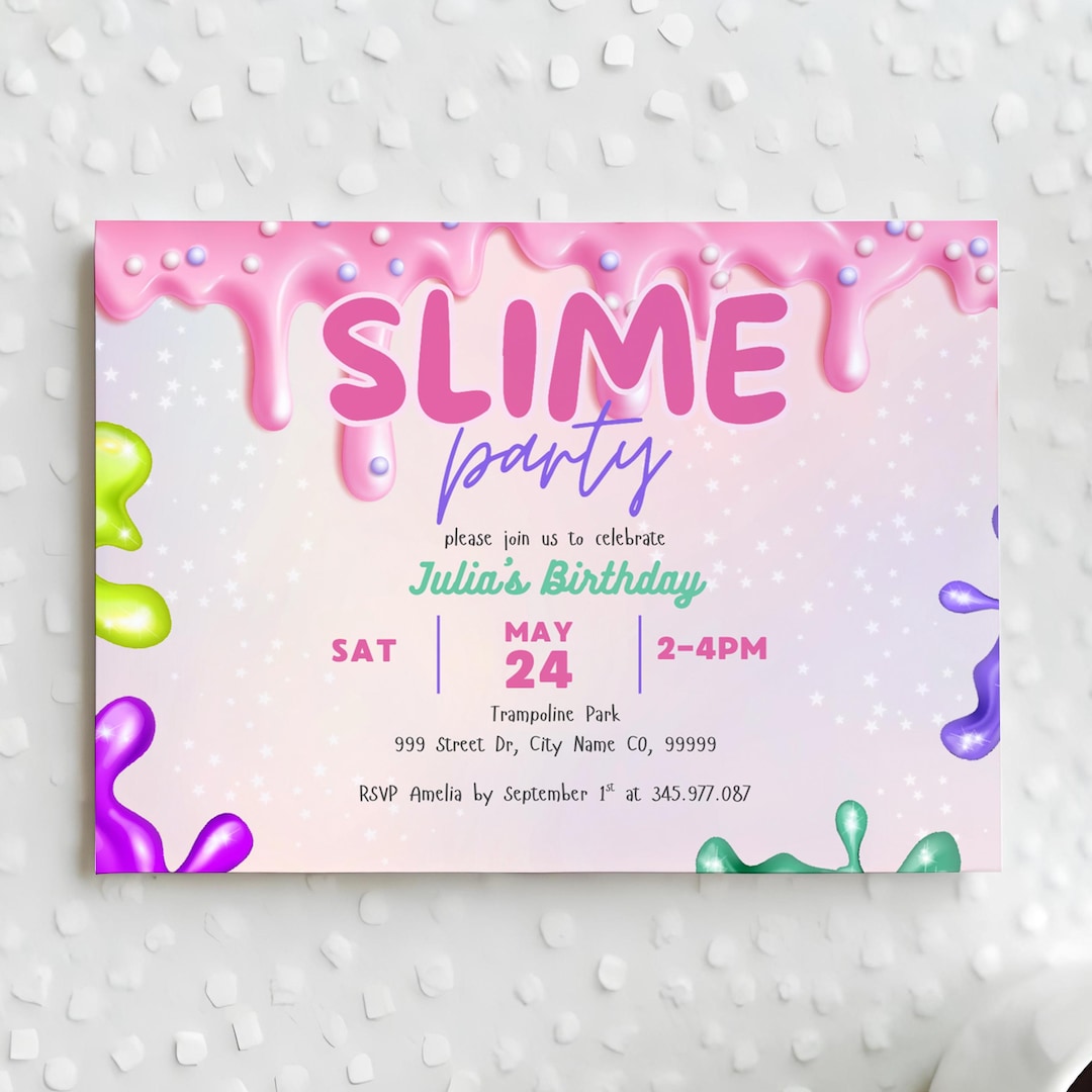 Slime Birthday Invitation Template Glitter Neon Glow Slime Party Invite ...