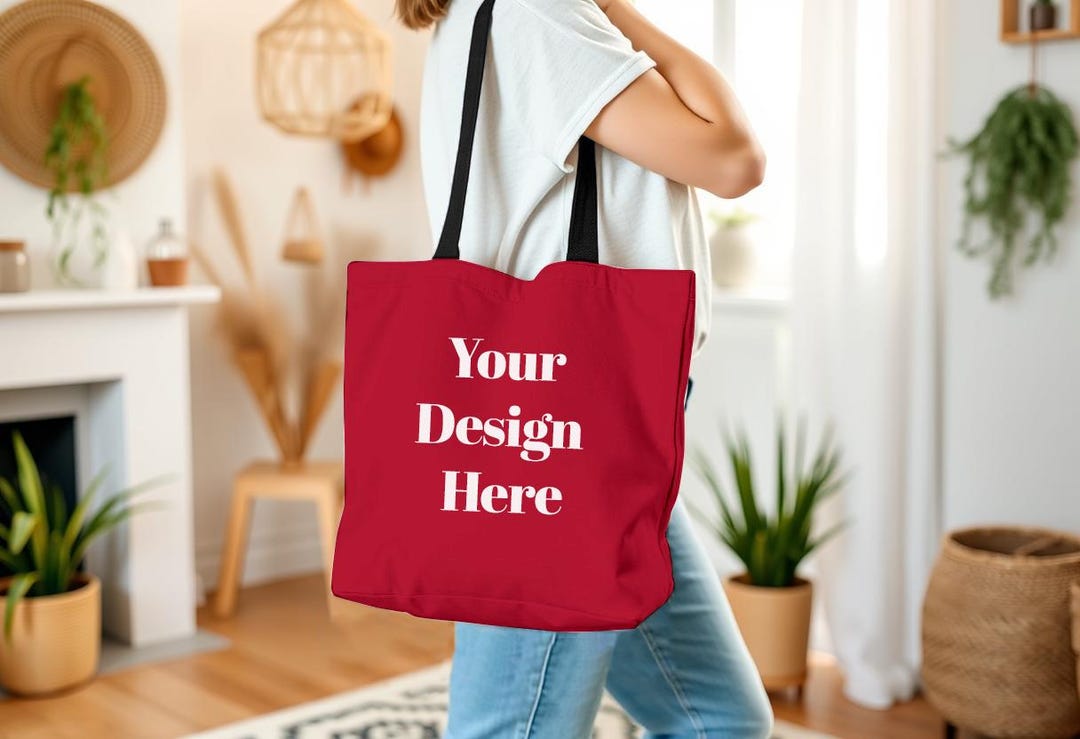 Digital Tote Bag Dark Red Mockup From Printify With All Handle Colors ...