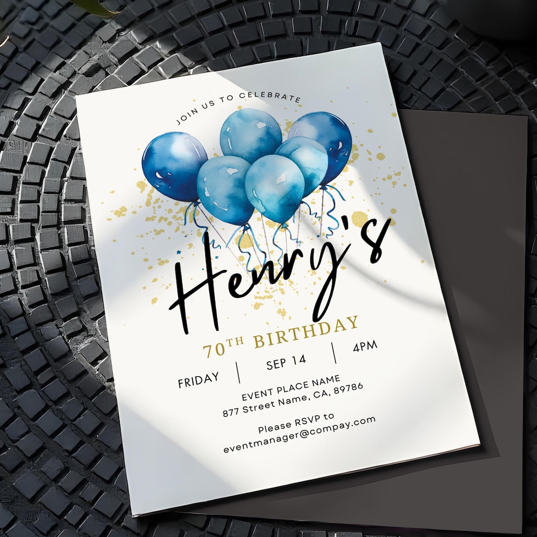 Men's Birthday Invitation Template: Blue Balloons, Editable Printable ...