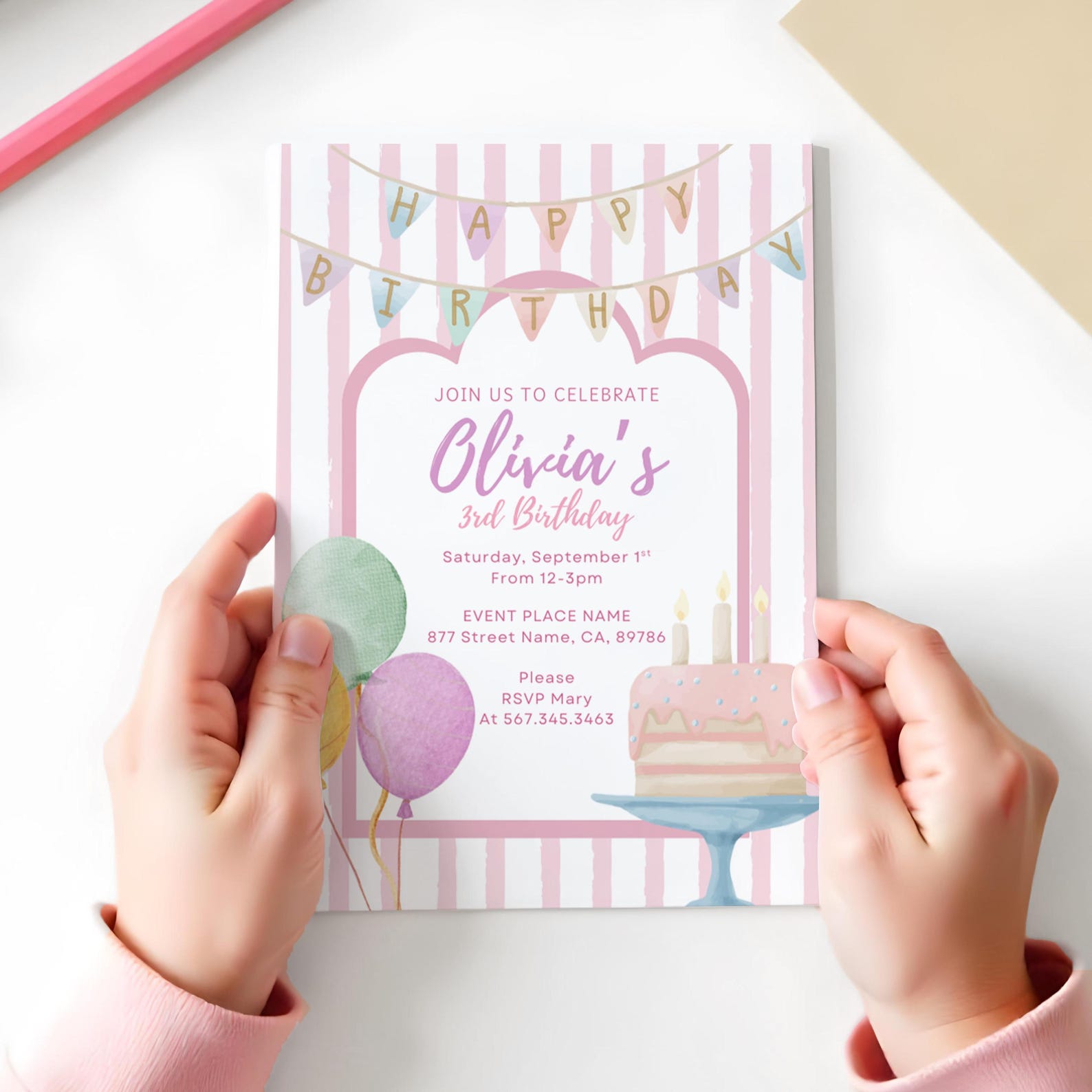 Pink Stripe Birthday Invitation Template: Vintage Pastel Party Invite ...