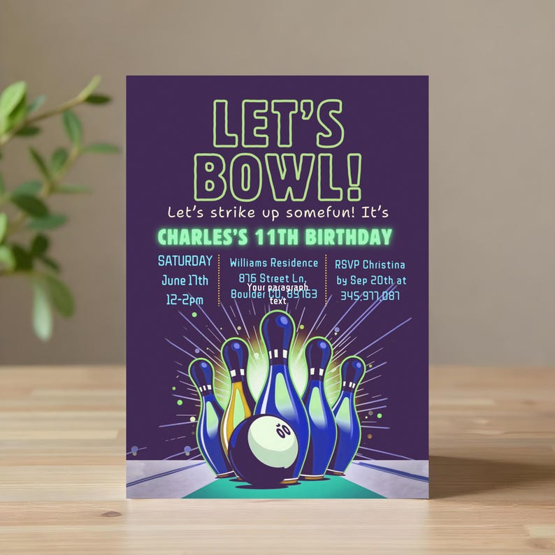 Neon Bowling Birthday Invitation Template Bowling Party Invite Editable ...