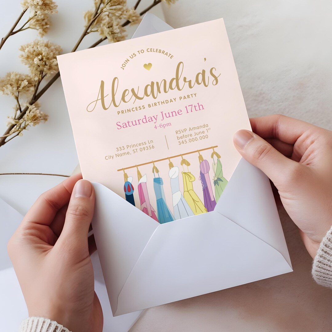 Princess Dresses Birthday Invitation Template, Editable Princess Party ...