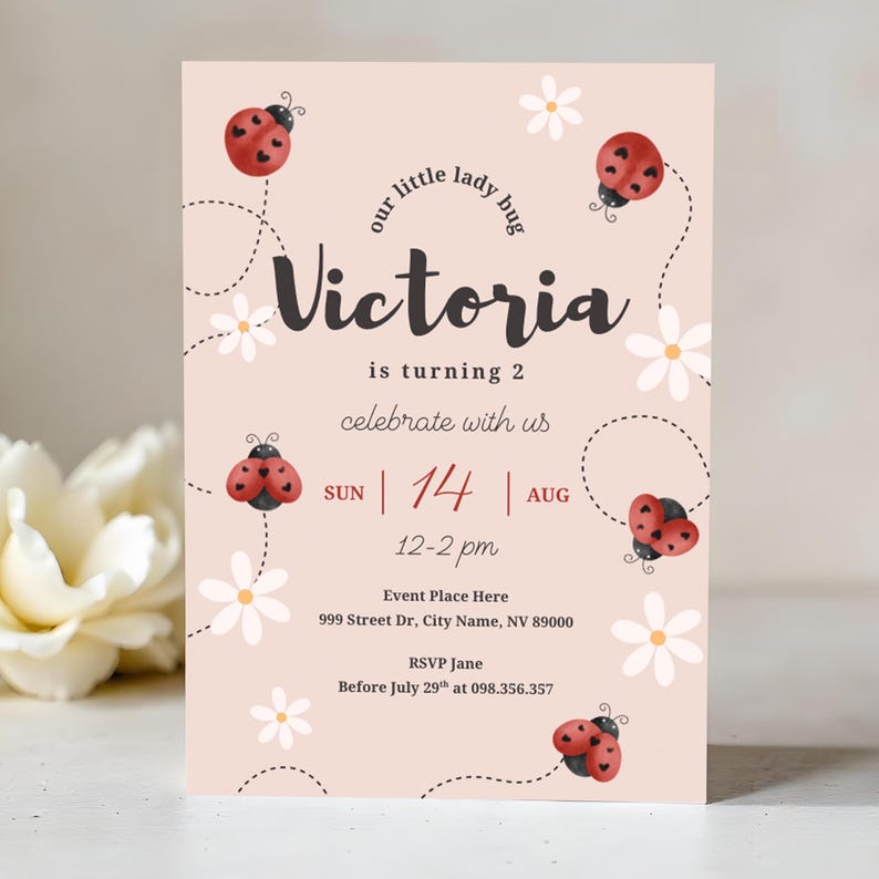 Ladybug Birthday Party Invitation Template Cute Printable Girl 1st, 2nd ...