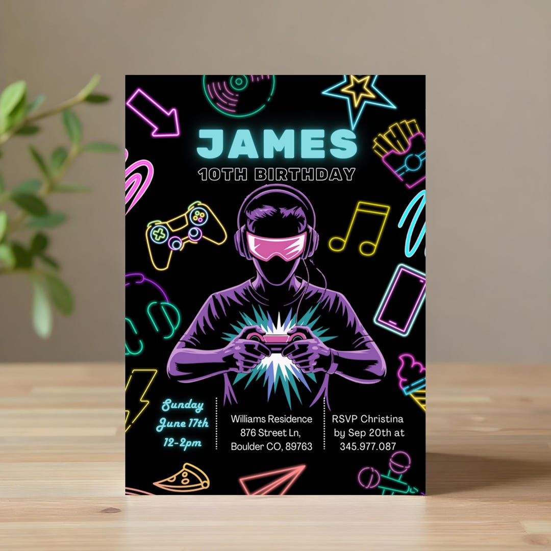 Gamer Birthday Party Invitation Template: Video Game Theme (digital ...