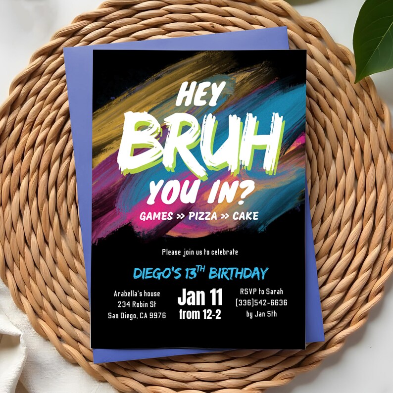 Hey Bruh Birthday Invitation Template: Neon Teen Party (digital ...