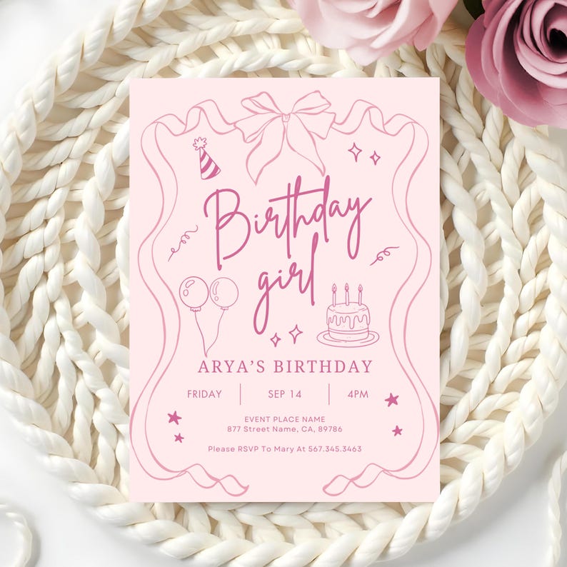 Pink Coquette Bow Birthday Invitation Template: Editable Canva Design ...