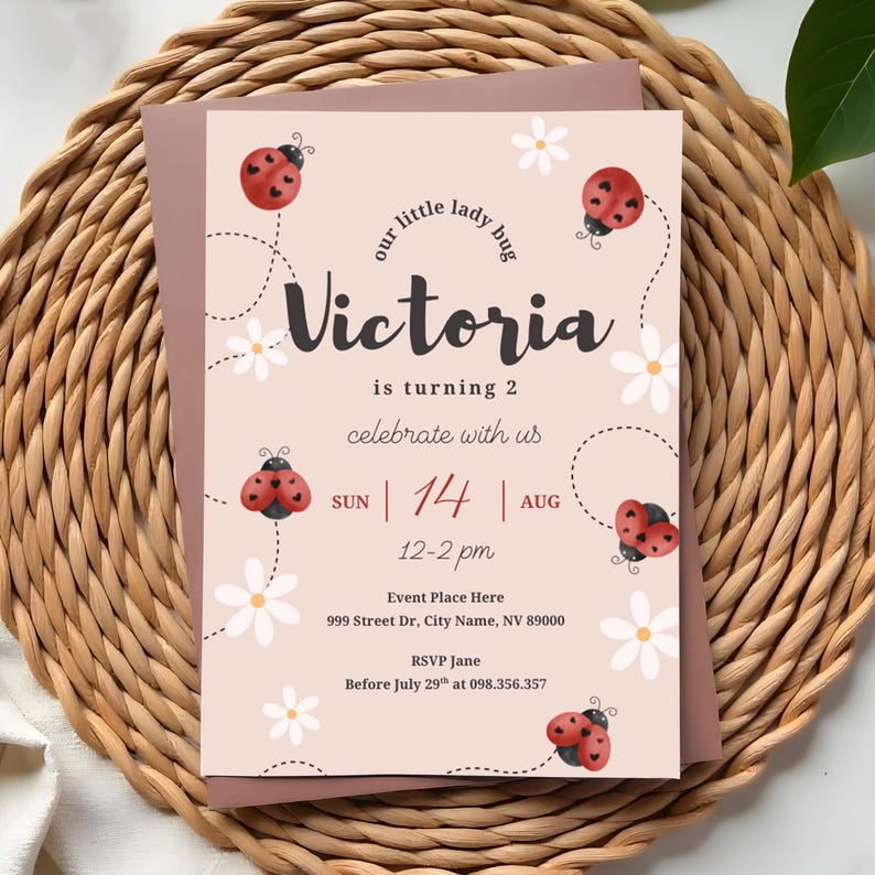 Ladybug Birthday Party Invitation Template Cute Printable Girl 1st, 2nd ...