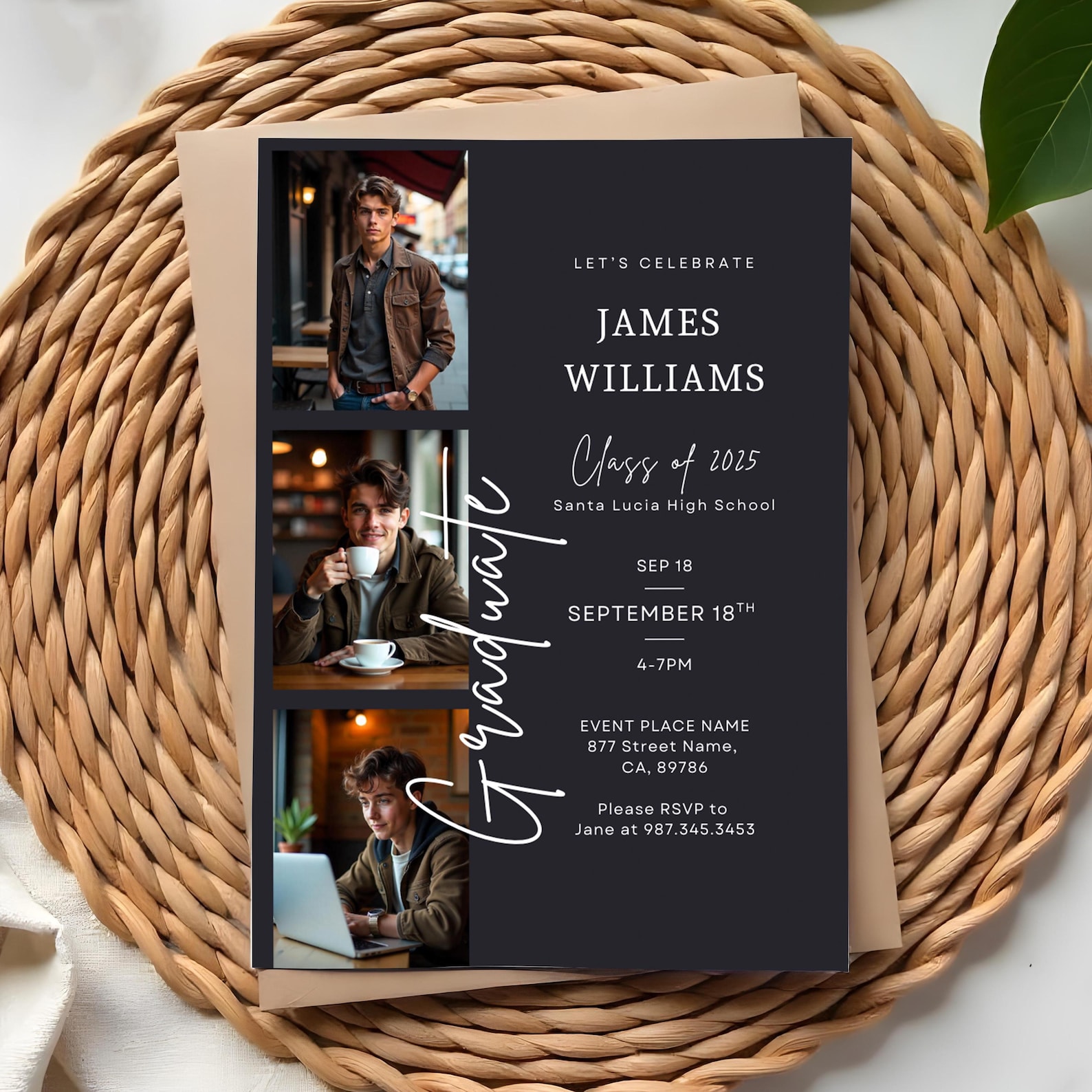 Modern Black Graduation Invitation Template With Photo (digital ...