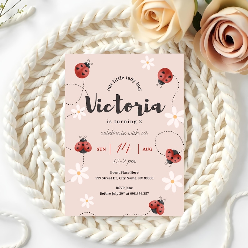 Ladybug Birthday Party Invitation Template Cute Printable Girl 1st, 2nd ...