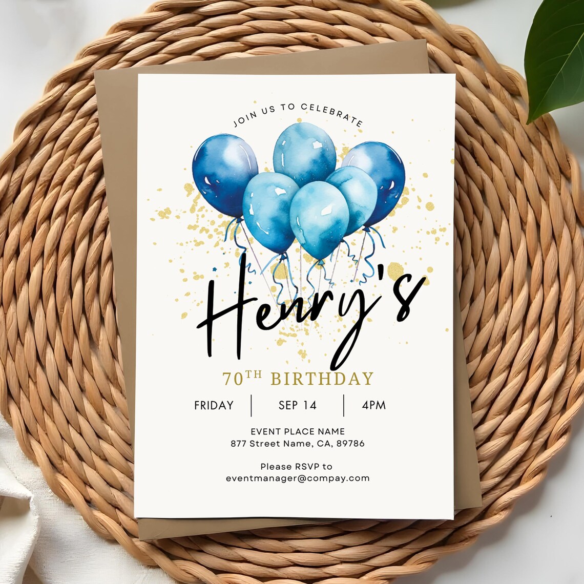 Men's Birthday Invitation Template: Blue Balloons (printable, Editable ...