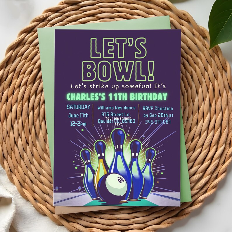 Neon Bowling Birthday Invitation Template Bowling Party Invite Editable ...