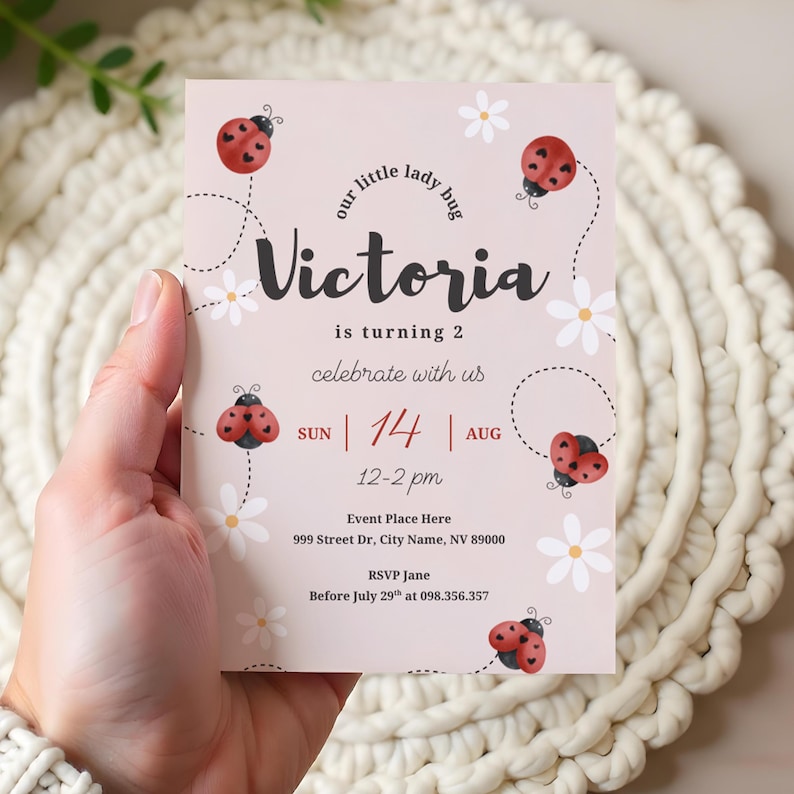 Ladybug Birthday Party Invitation Template Cute Printable Girl 1st, 2nd ...