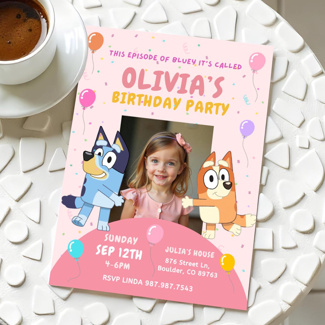 Girl Bluey Invitation Template With Photo Pink Cute Bluey Invite ...