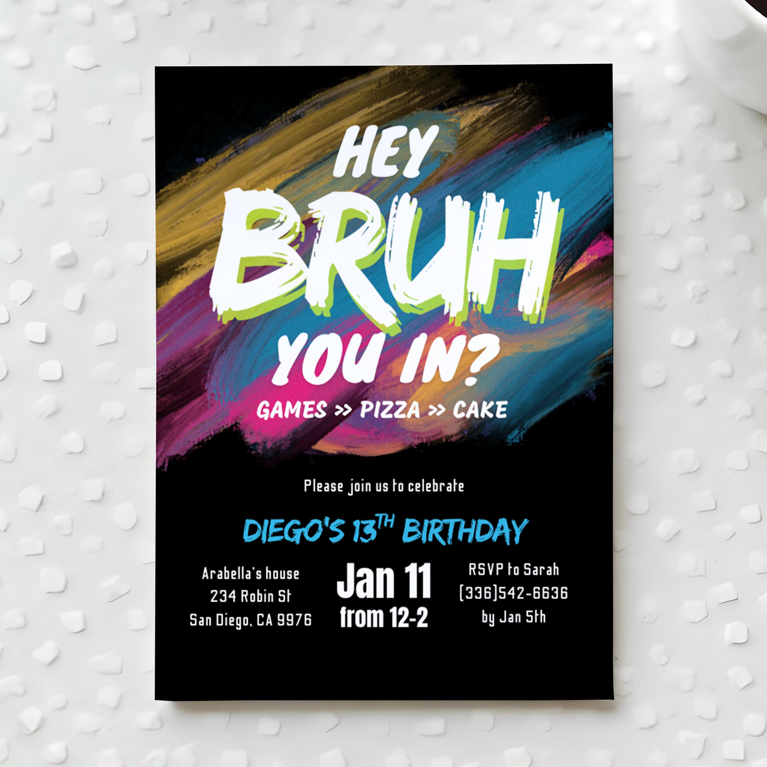 Hey Bruh Birthday Invitation Template: Neon Teen Party (digital ...