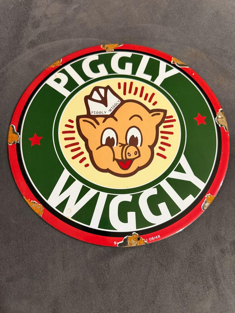 Vintage Piggly Wiggly Sign Grocery Store Gas Advertisin Porcelain ...