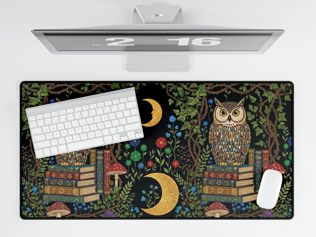 Owl Desk Mat, Dark Floral Mouse Pad, Books and Moon Deskmat, Wildflower ...