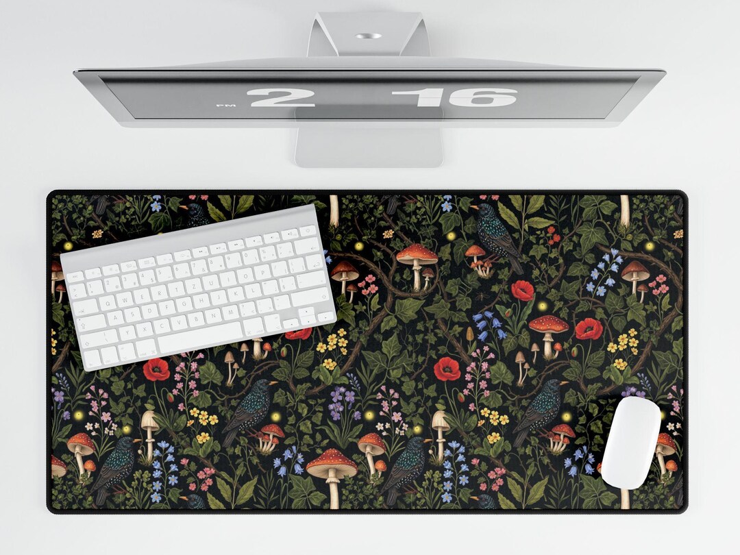 Botanical Fungi Desk Mat, Mushroom Gaming Mouse Pad XL, Dark Floral ...