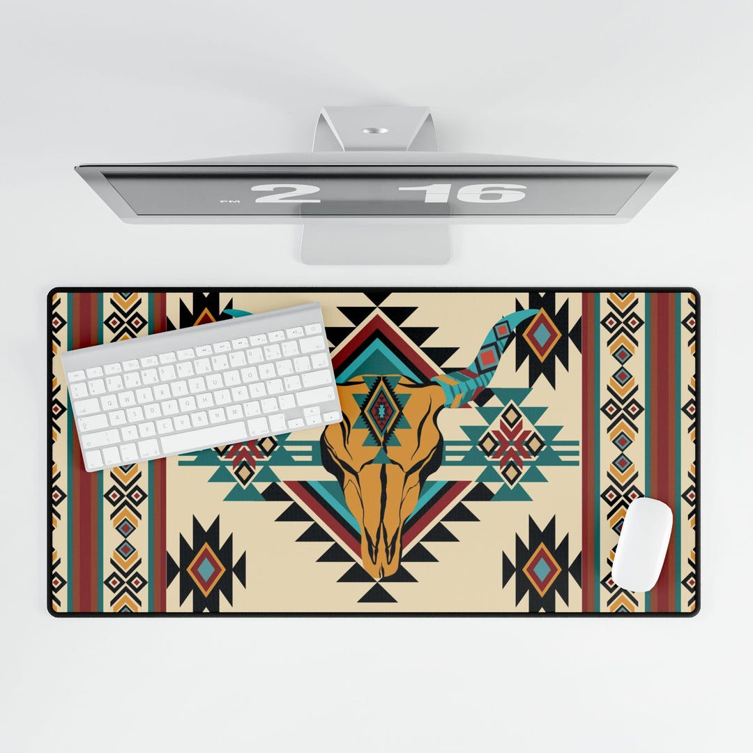 Aztec Animal Skull Desk Mat, Vibrant Tribal Pattern Workspace Mouse Pad ...