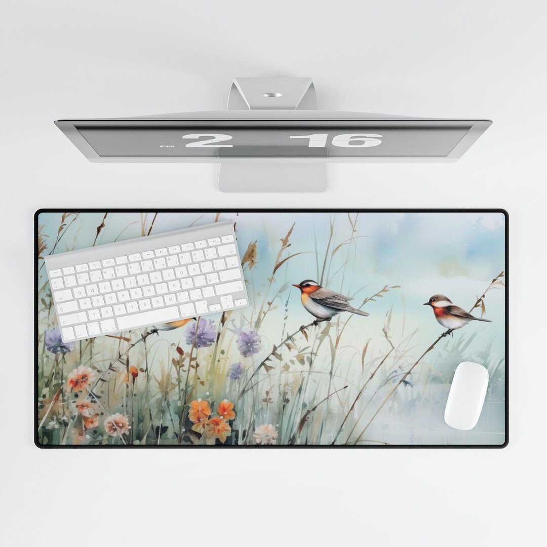 Birds in a Meadow Desk Mat, Sparrows Inspired Art Desk Decor, Office ...