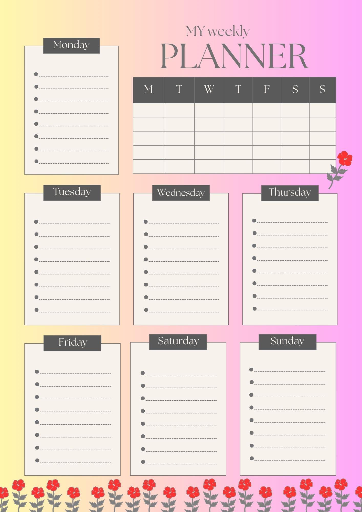 Weekly Digital Planner Floral Design Organiser Fun and Fresh Flower - Etsy