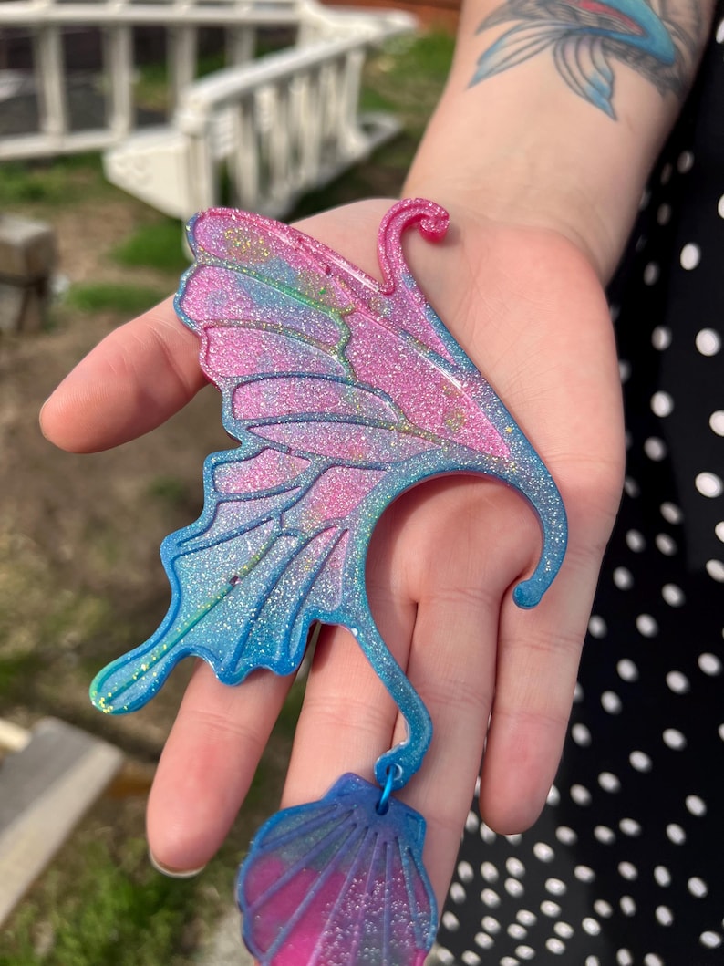 Sparkling Mermaid Shell Ear Cuff Wraps | Multicolored Resin Wing Earrings | Fantasy Fairy Ear ...