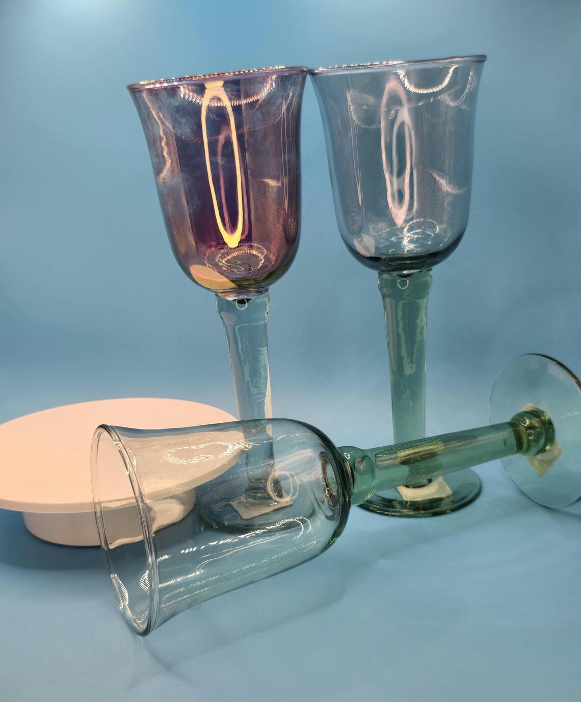 Vintage Set of 3 Aqua Stem Wine Glasses – Seafoam Green, Mediterranean ...