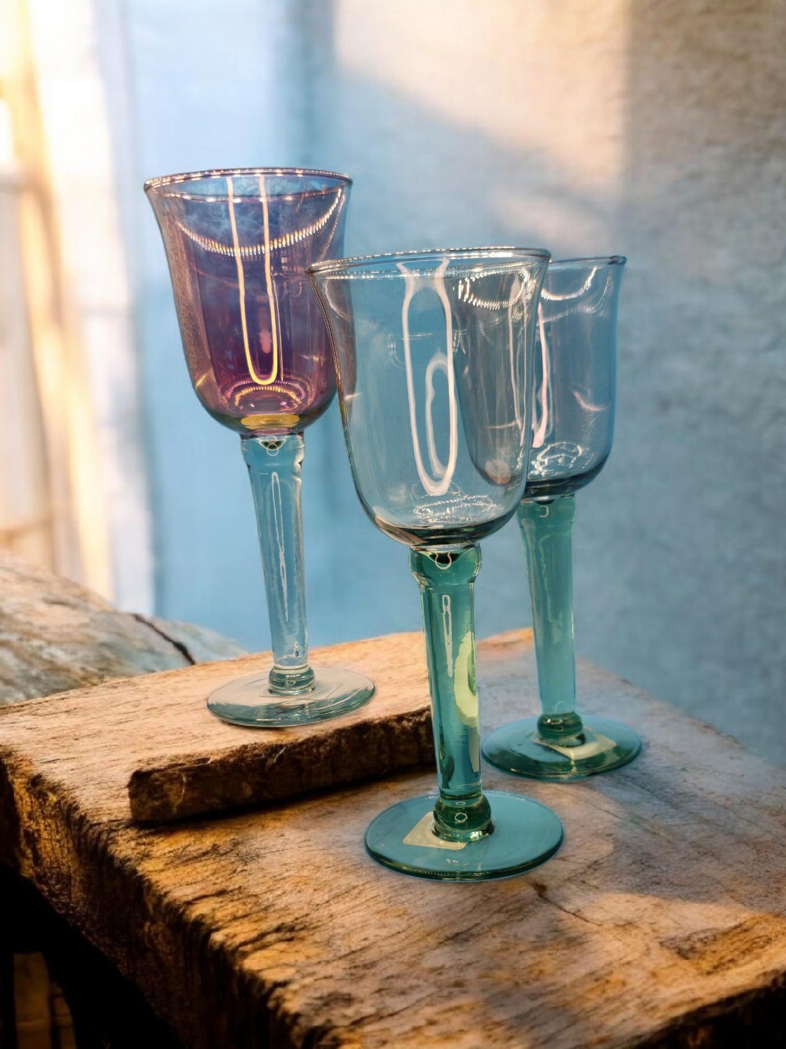 Vintage Set of 3 Aqua Stem Wine Glasses – Seafoam Green, Mediterranean ...
