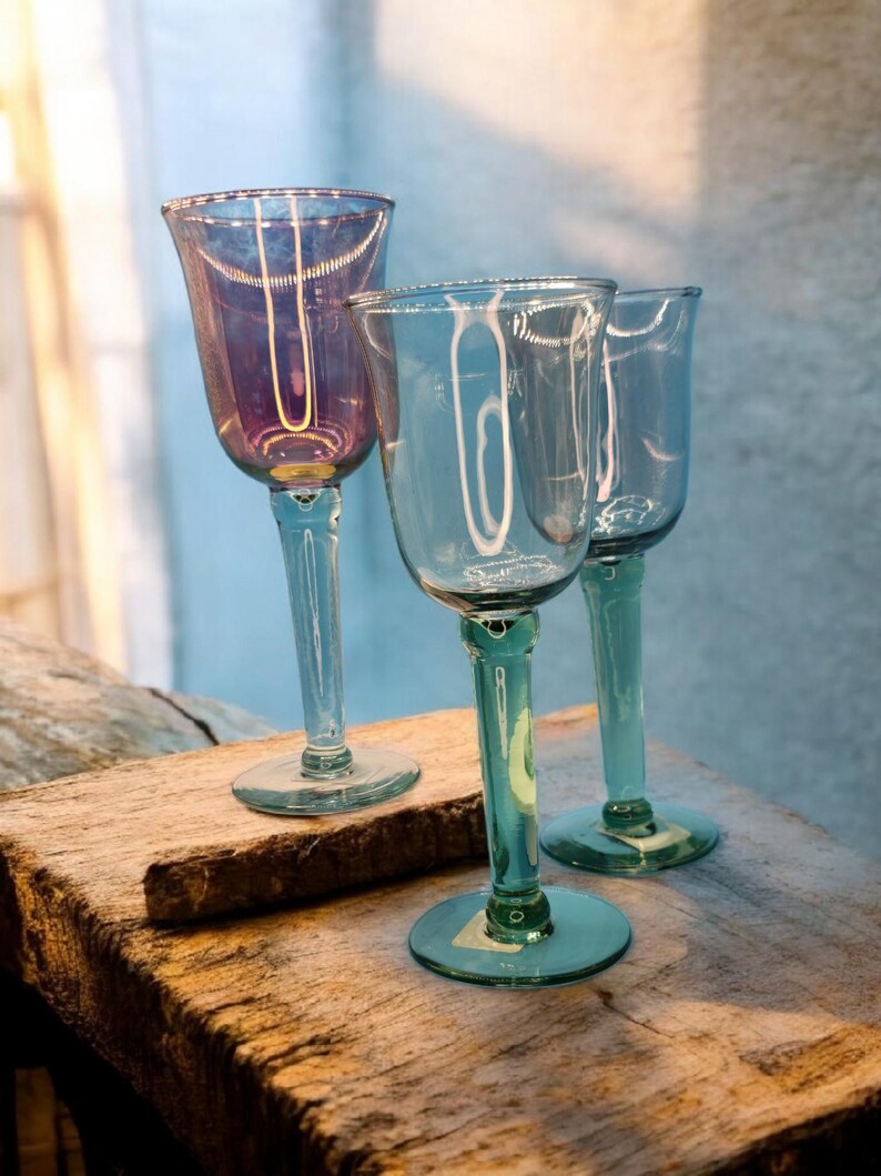 Vintage Set of 3 Aqua Stem Wine Glasses – Seafoam Green, Mediterranean ...