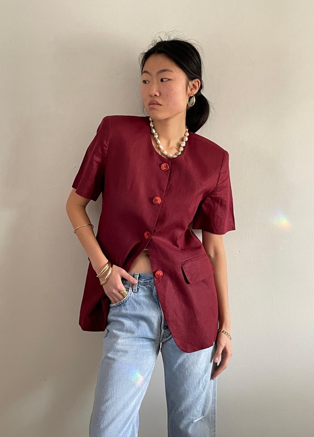Vintage 90s Linen Short Sleeve Long Line Oxblood Burgundy Blazer Medium ...