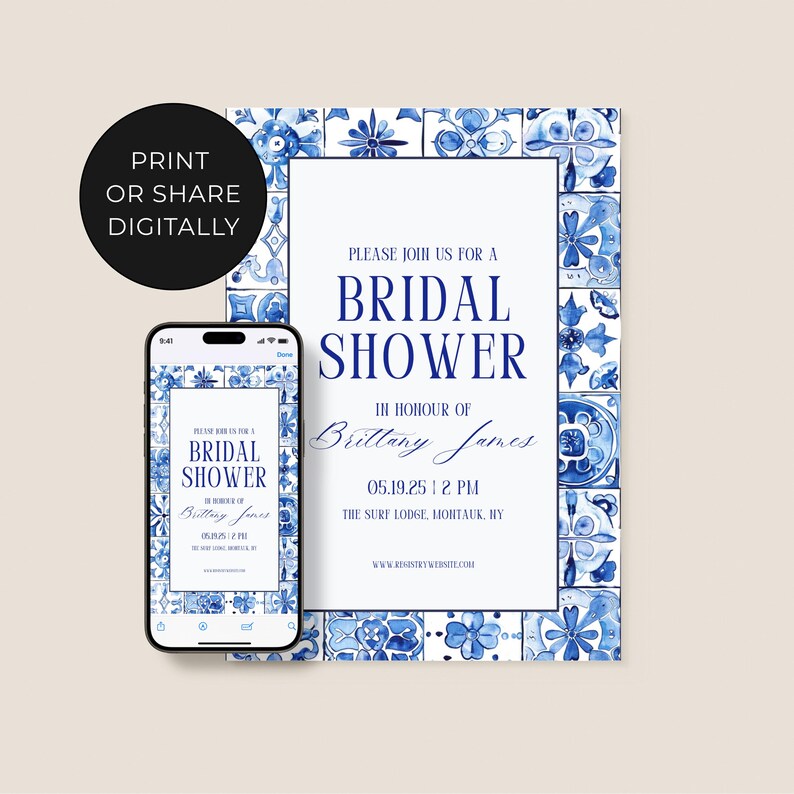 Mediterranean Bridal Shower Invitation, Blue Tile Canva Template ...
