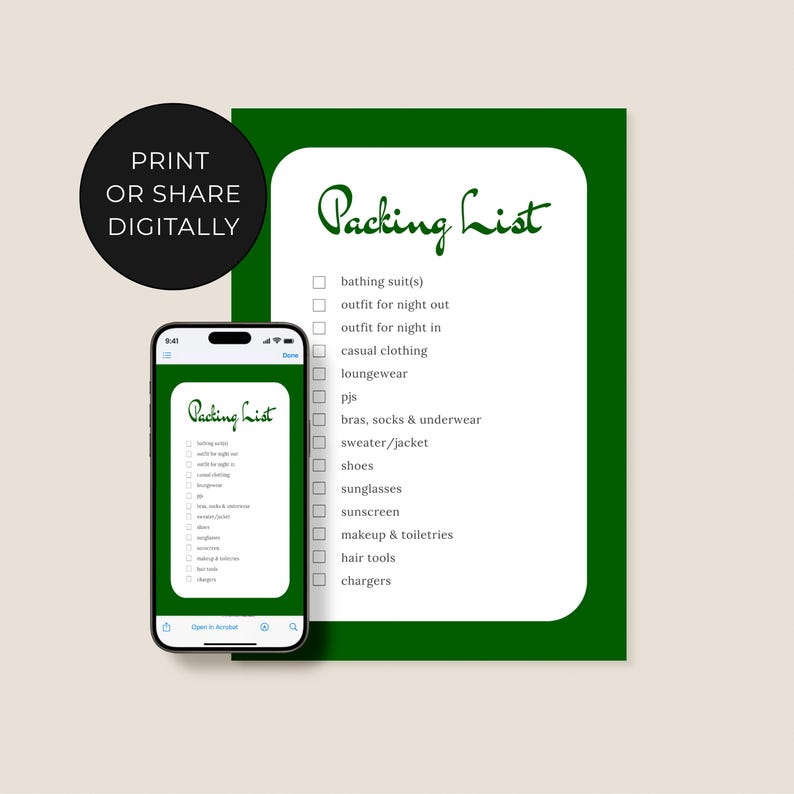 Editable Bachelorette Packing List Template | Printable Green & White ...