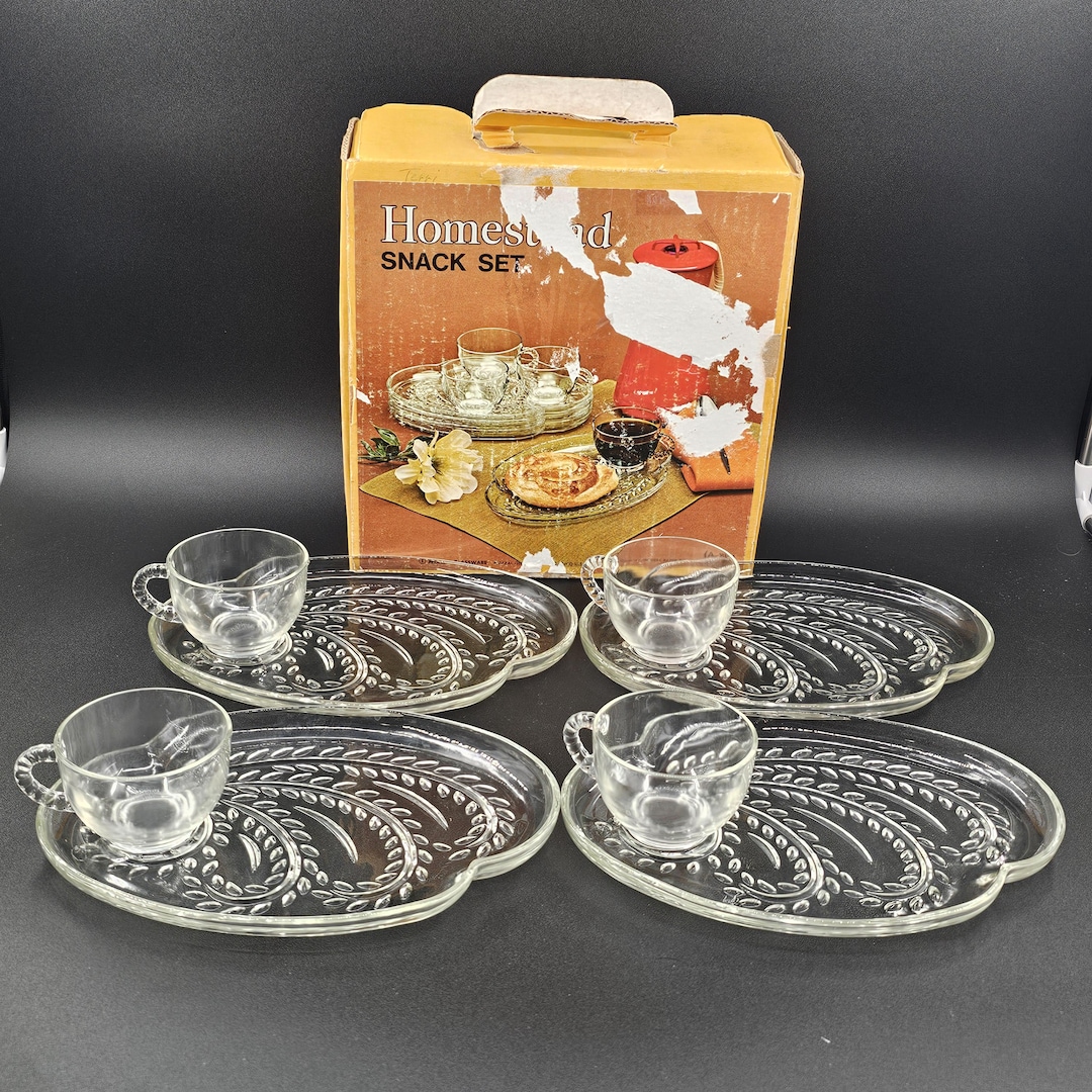 Federal Glass Homestead Snack Set Vintage Plates and Cups Wheat Pattern ...