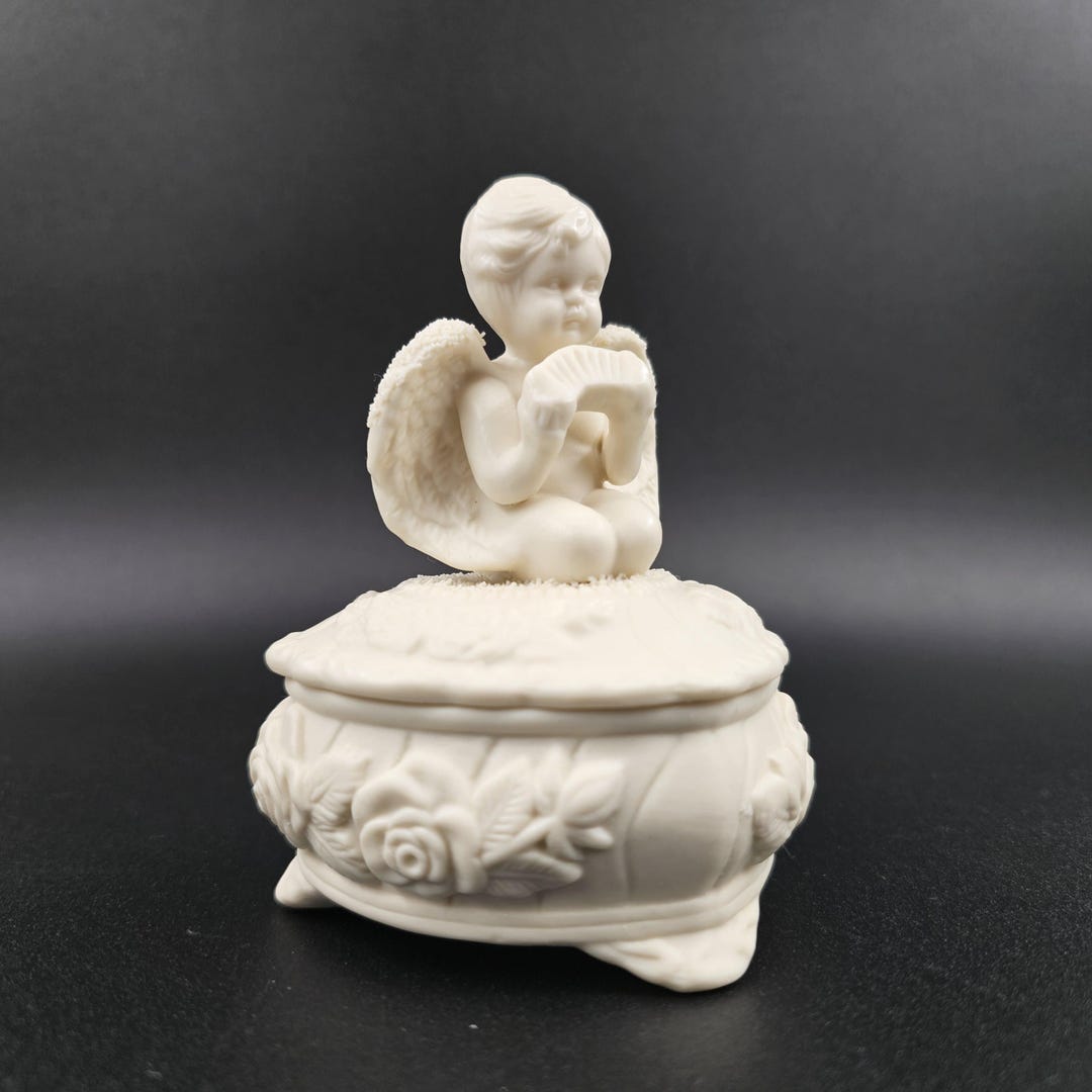 Trinket Box Vintage Cherub Porcelain Angel Music Box Figurine White ...